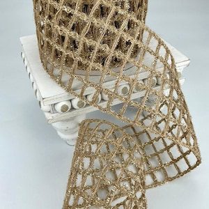 Burlap and Gold Netted Ribbon, 4” Netting Ribbon, Jute and Gold ...