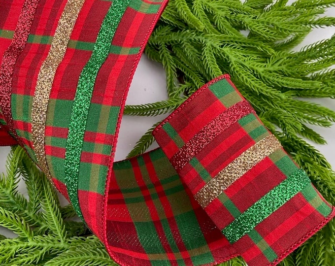 Green and Red Plaid Wired Ribbon, Plaid Christmas Ribbon, 4 10 Yards ...