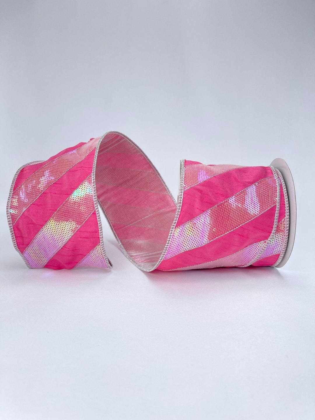 Pink and Iridescent Sequin Stripe Ribbon 4, Pink Christmas Tree Wired ...