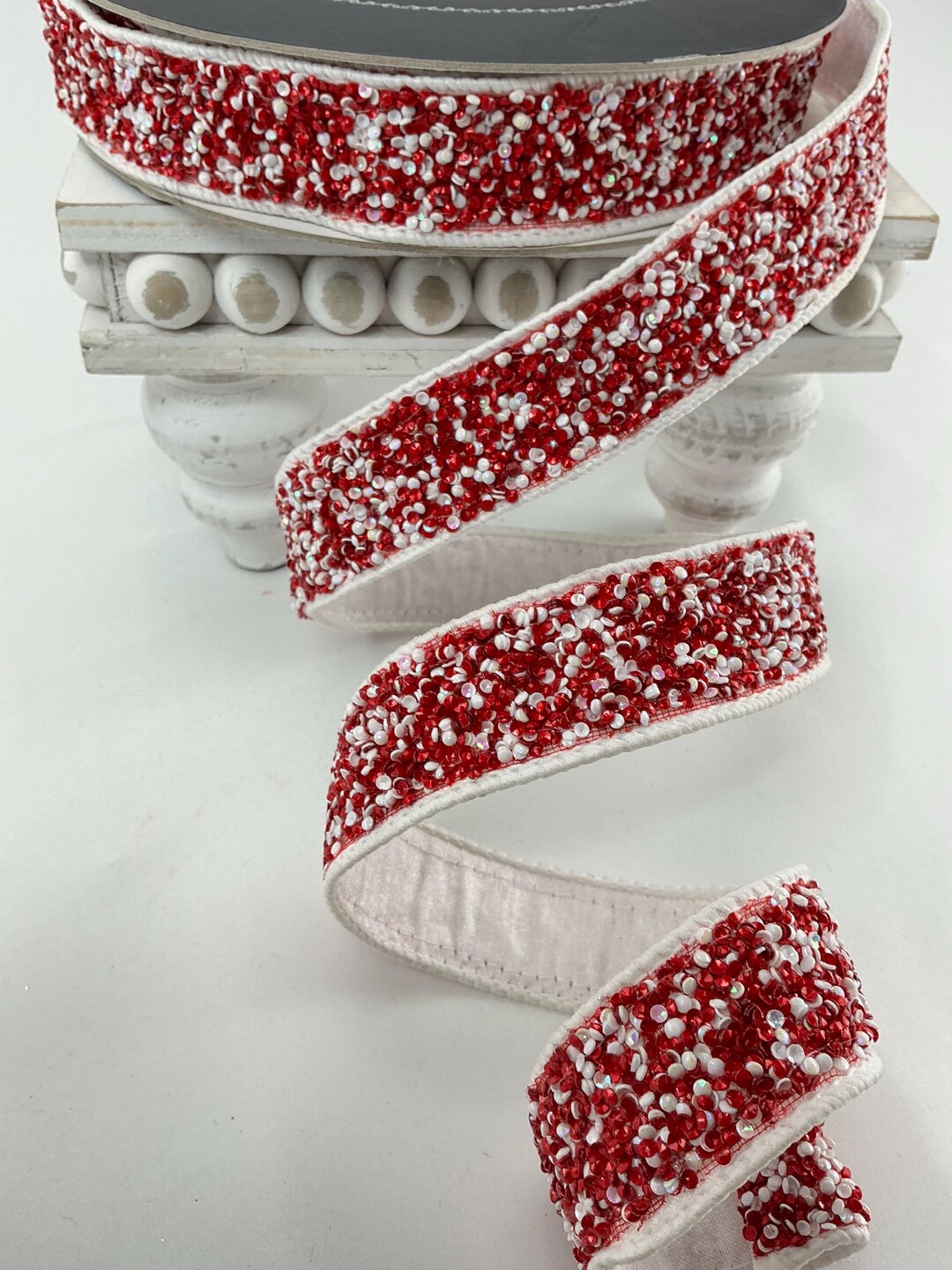Red and White Christmas Ribbon, Red and White Beaded Sprinkles Beaded 1 ...