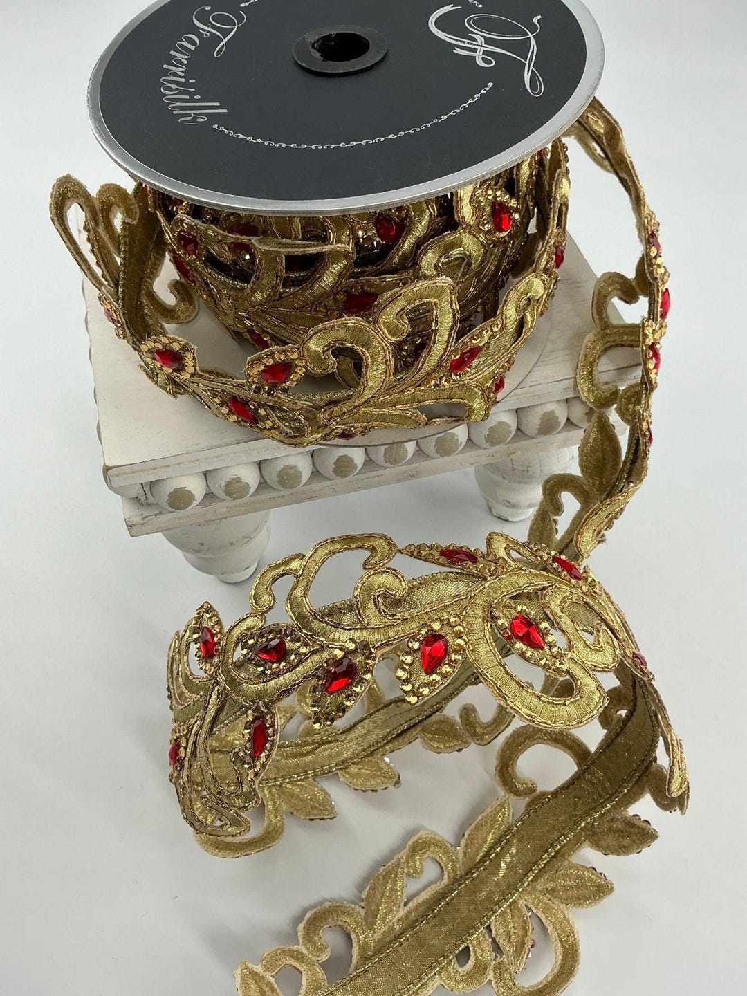 Farrisilk Gold and Red Christmas Ribbon. Jewel Embellished and ...