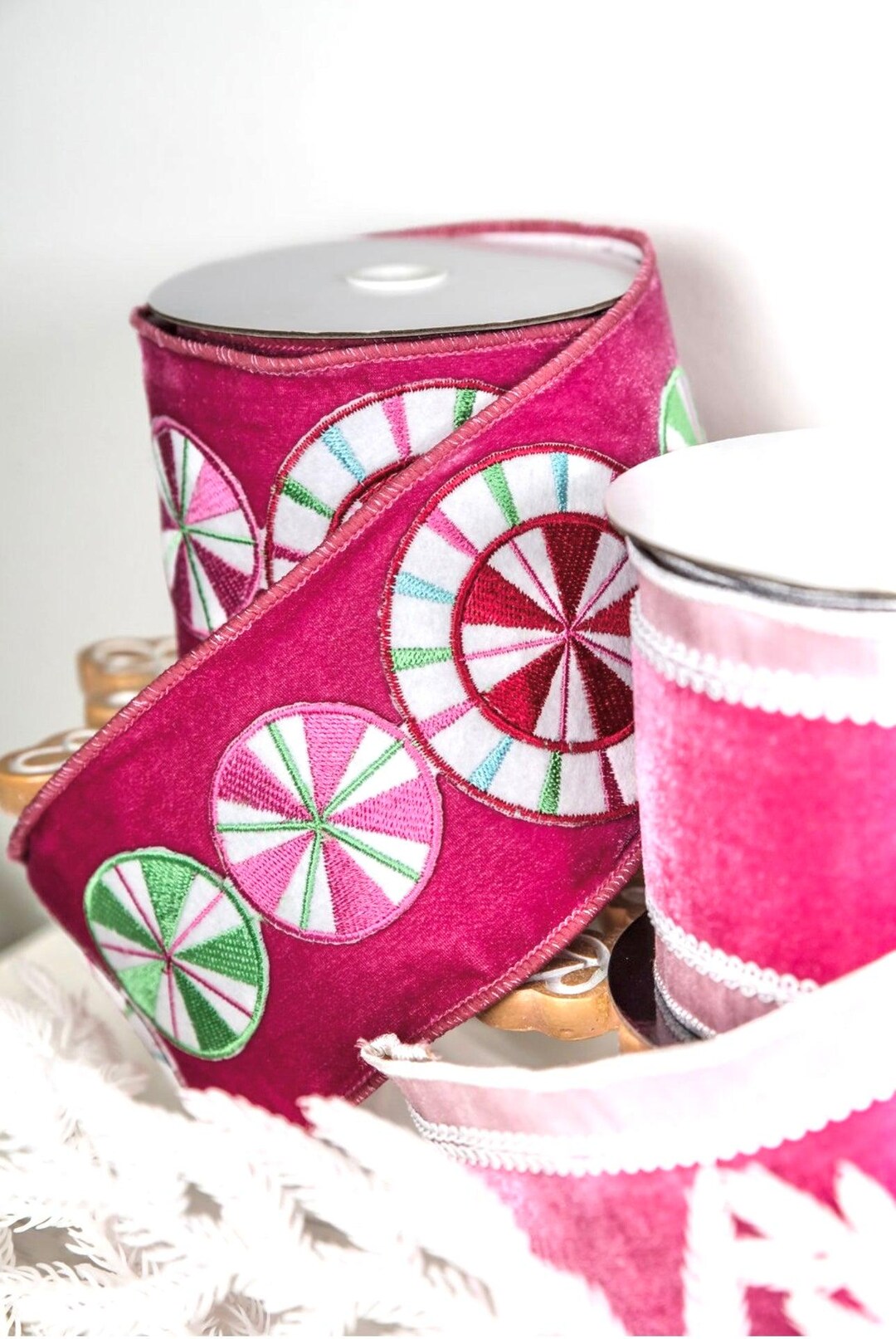 Pink Velvet With Embroidered Peppermints Wired Ribbon 4 - Etsy
