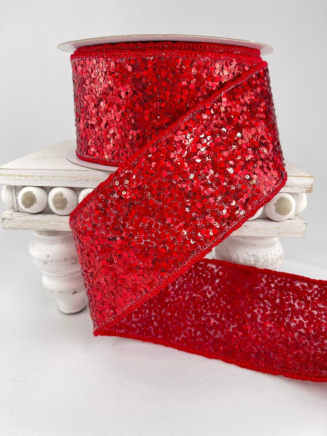 Red Sequin Wired Ribbon - 2.5”, Red Christmas Wired Ribbon With Sequins ...