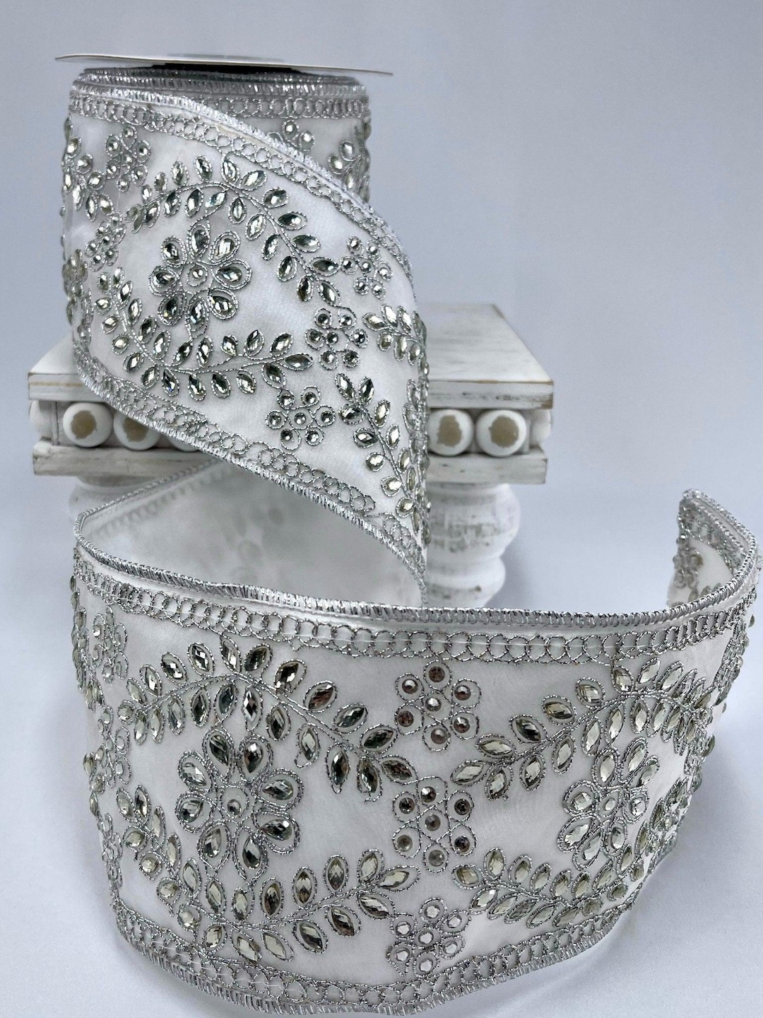 White Jeweled Scroll 4 Wired Ribbon, White Ribbon With Jewels, Ribbons ...