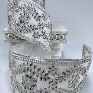 White Jeweled Scroll 4 Wired Ribbon, White Ribbon With Jewels, Ribbons ...