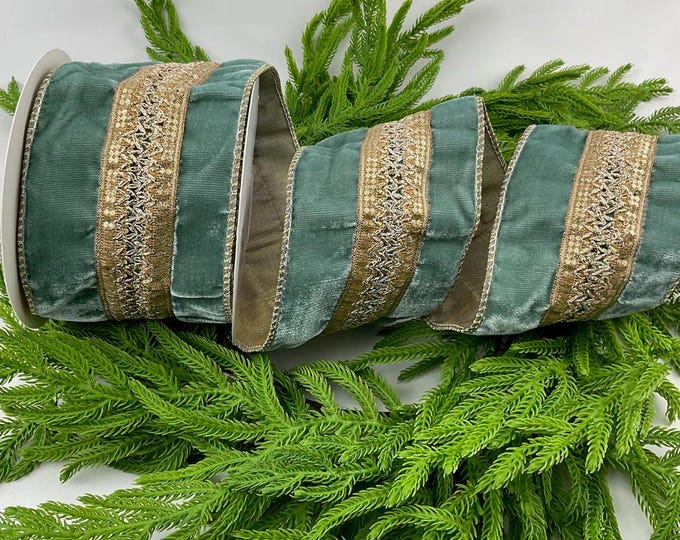 Sage Green Ribbon, Christmas Tree Ribbon, Blue Green Velvet Wired ...