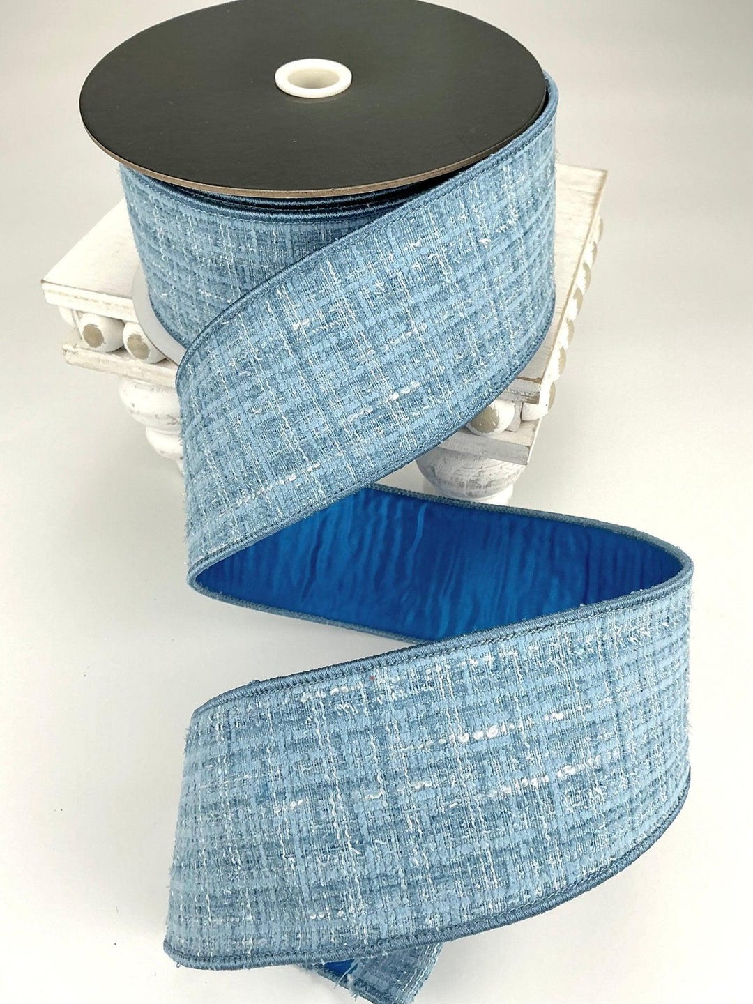 Blue Tweed Wired Ribbon 2.5”, Blue Christmas Ribbon for Tree, Diy Bow ...