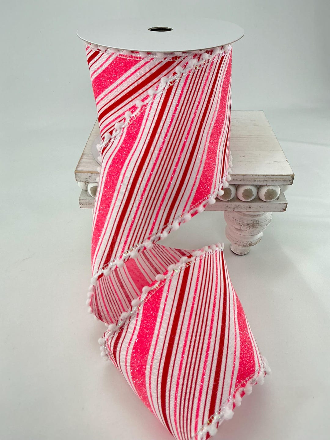 Pink and Red Stripe Ribbon With Pompom Edge 4, Shimmering Pink Striped ...