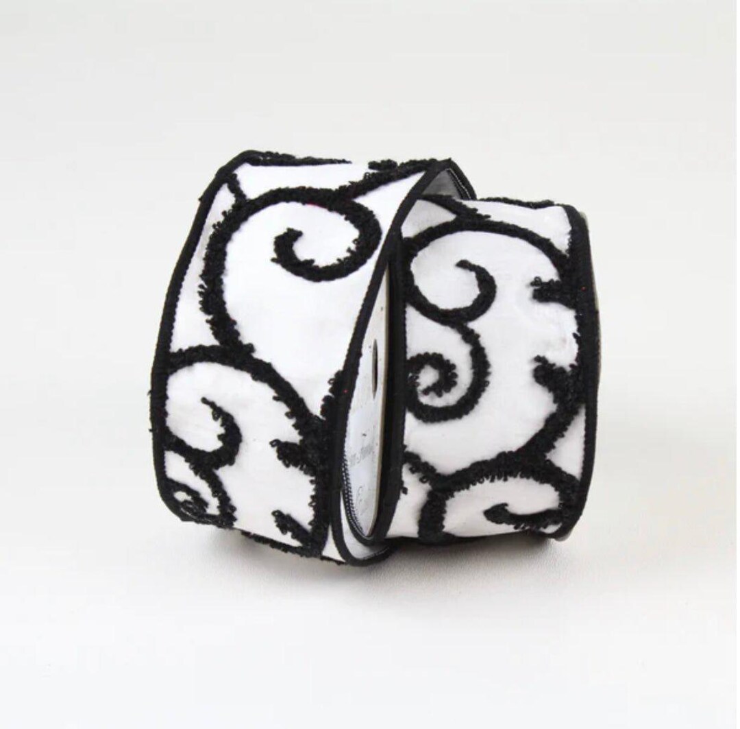 Farrisilk Black and White Vine Ribbon, Christmas Wired Ribbons, Black ...