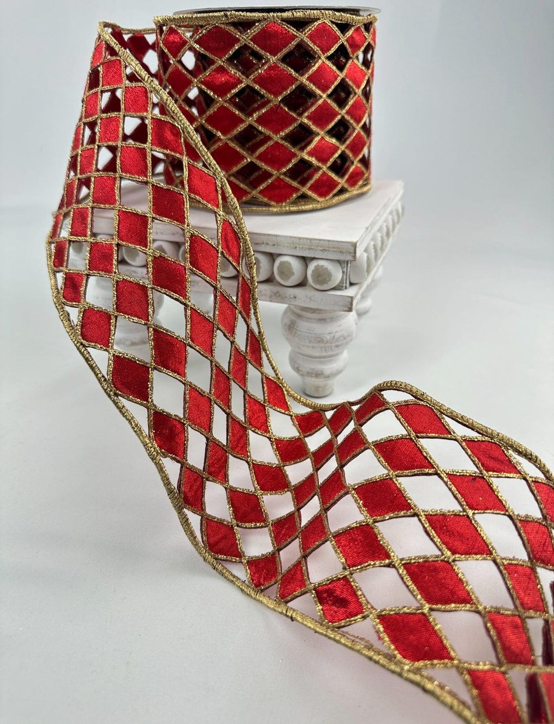 Red and Gold Lux Christmas Ribbon, Farrisilk Jester Diamond Lace, Red ...