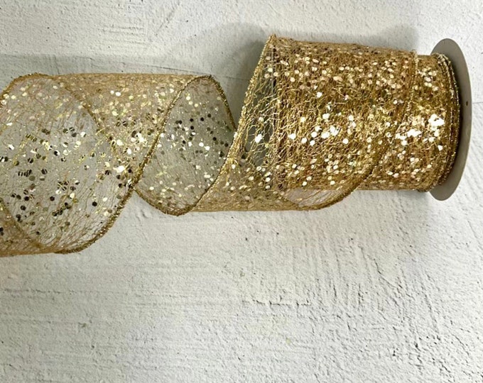 Gold Netted Ribbon, 4” Netting Ribbon, Gold Christmas Ribbon, Mesh ...