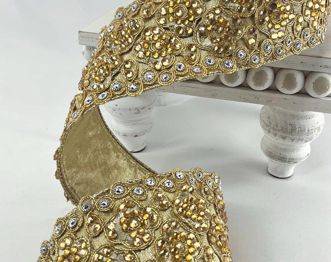 Gold Jeweled Christmas Ribbon, Farrisilk Gold Jewels Wired Ribbon - 2.5 ...