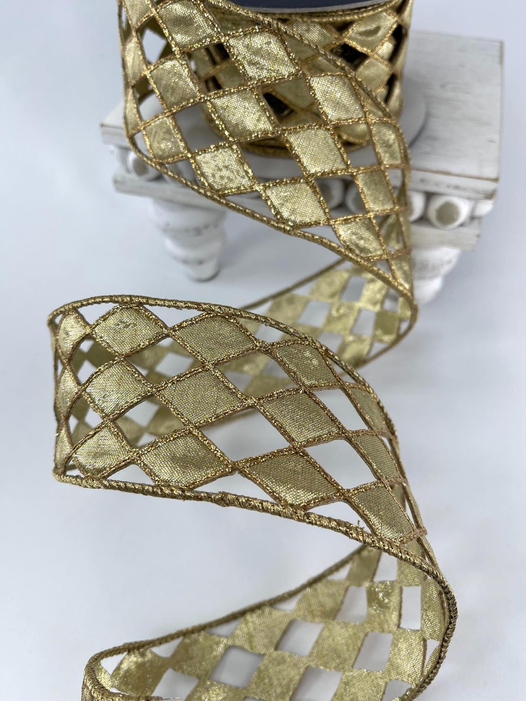 Gold Diamond Christmas Ribbon, Farrisilk Jester Wired Ribbon, Christmas ...