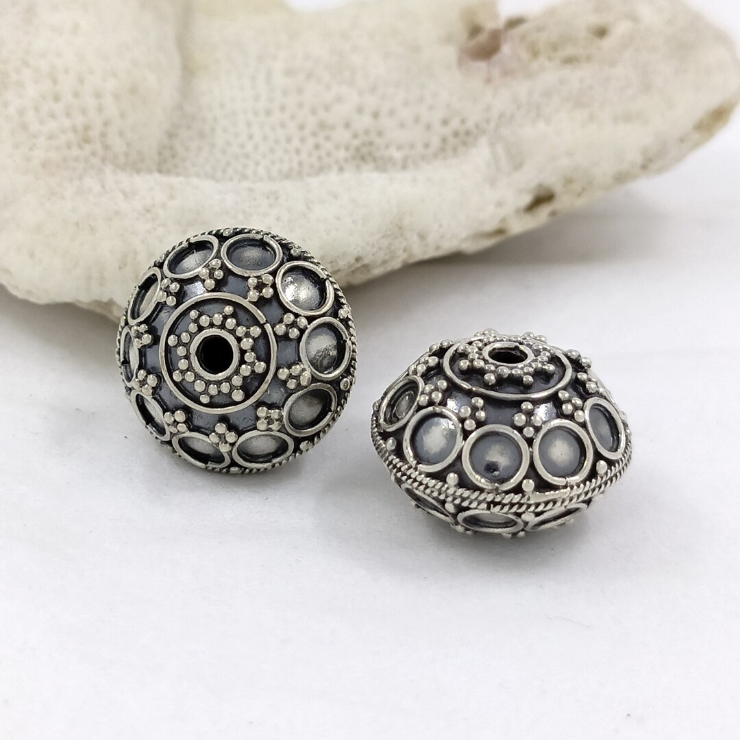 2pcs of 12.8mm X 18mm Round Bead Sterling Silver Bali Handmade Beads ...