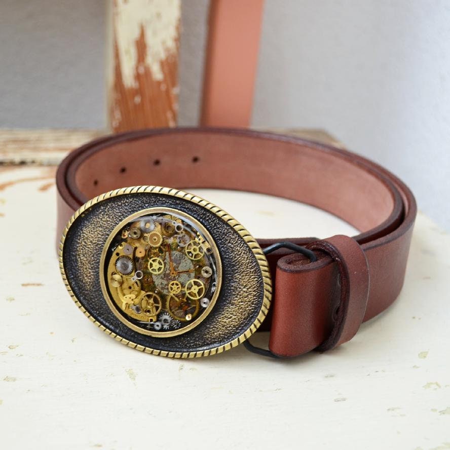 Steampunk Belt Buckle with watch parts leather belt Belt | Etsy
