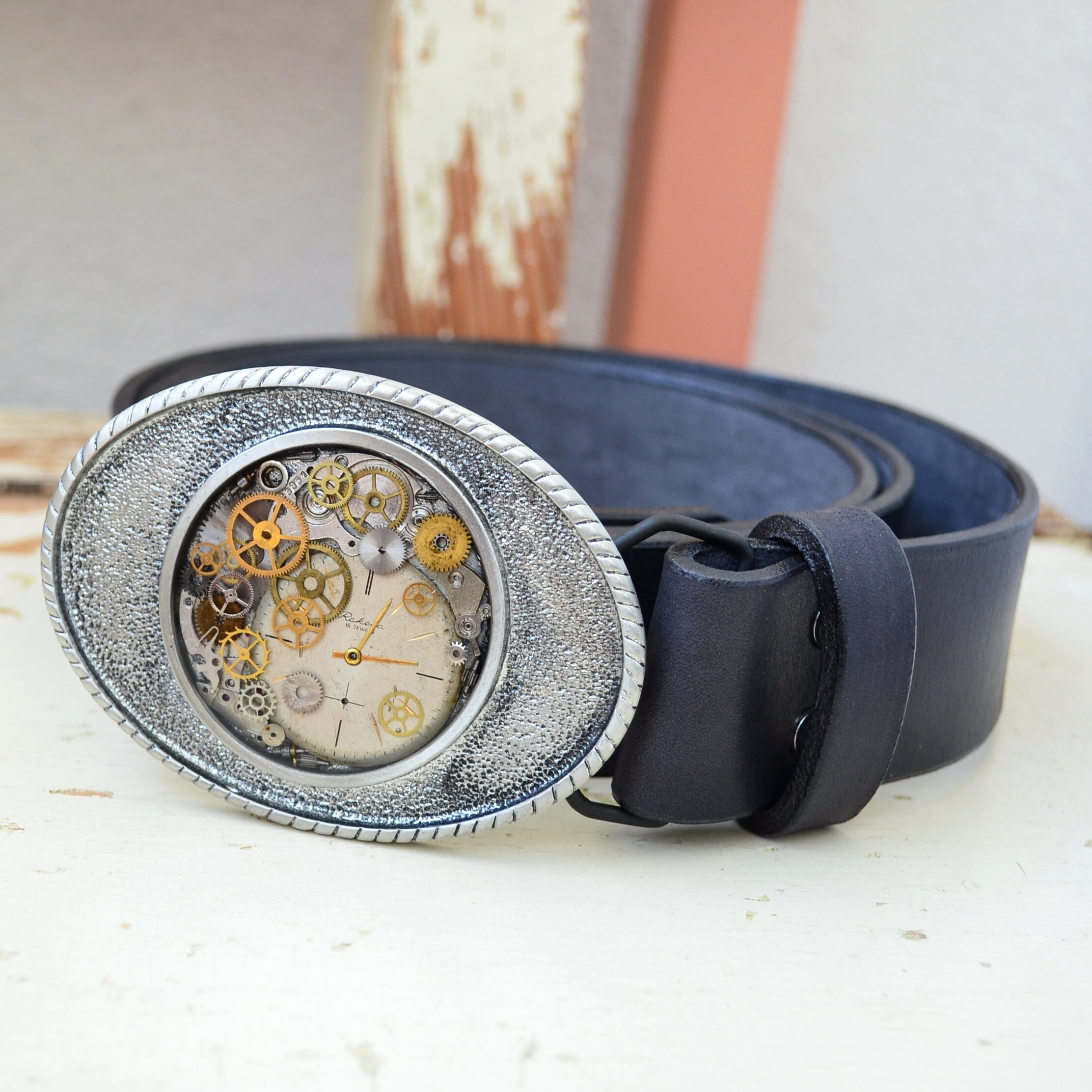 Steampunk Belt Buckle with watch parts leather belt Belt | Etsy