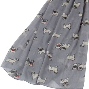 Pug Dog Scarf in Gift Box, Mustard Pug Print Scarf for Women, Pug Dog ...