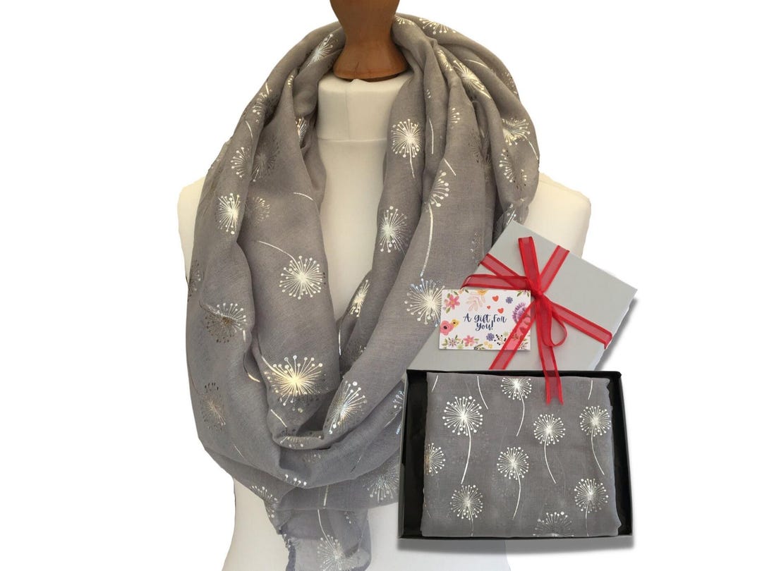 Silver Dandelion Print Scarf - Stone Grey Shimmer Wrap - Etsy UK