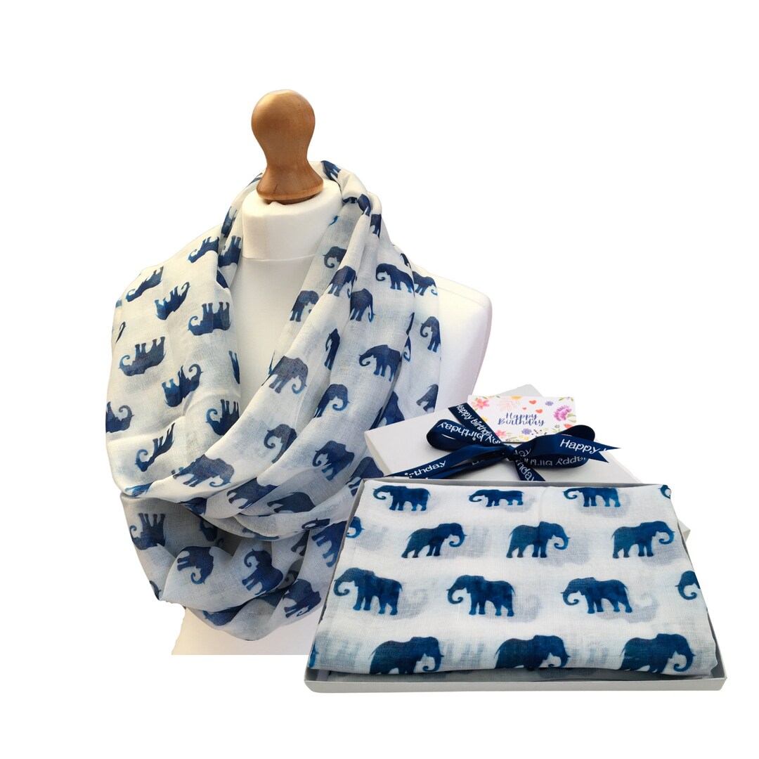Blue and White Elephant Print Scarf in Gift Box Beige African - Etsy