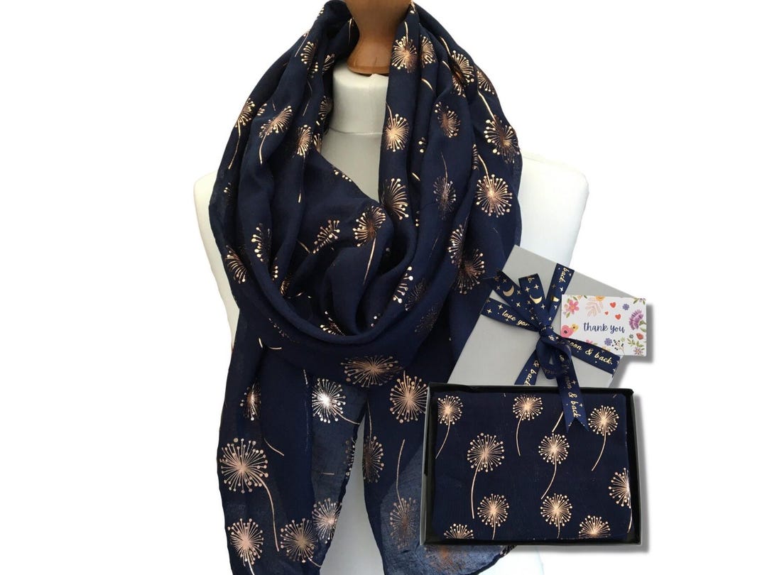 Rose Gold Dandelion Print Scarf: Navy Blue Metallic Wrap - Etsy