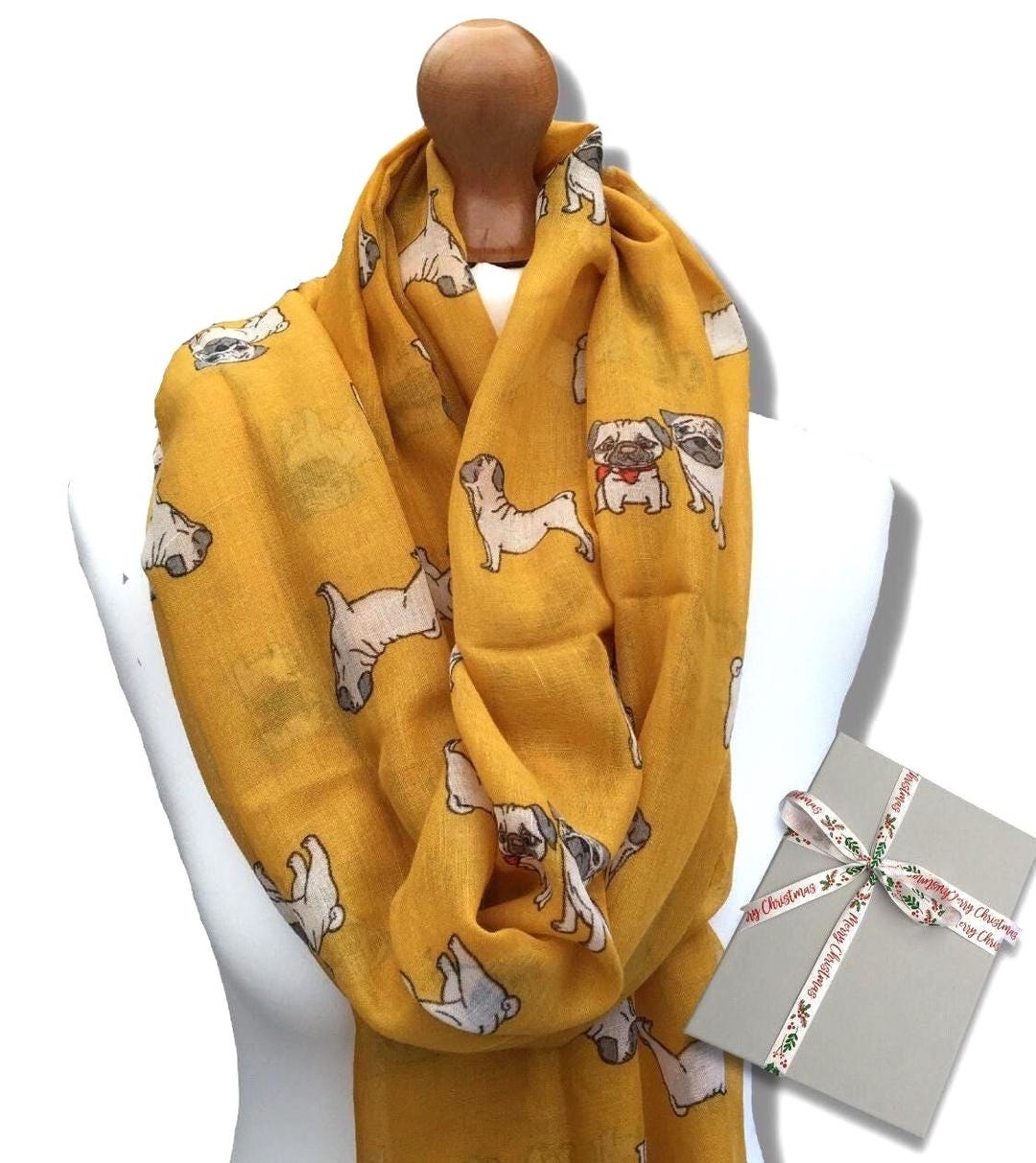 Pug Dog Scarf in Gift Box, Mustard Pug Print Scarf for Women, Pug Dog ...