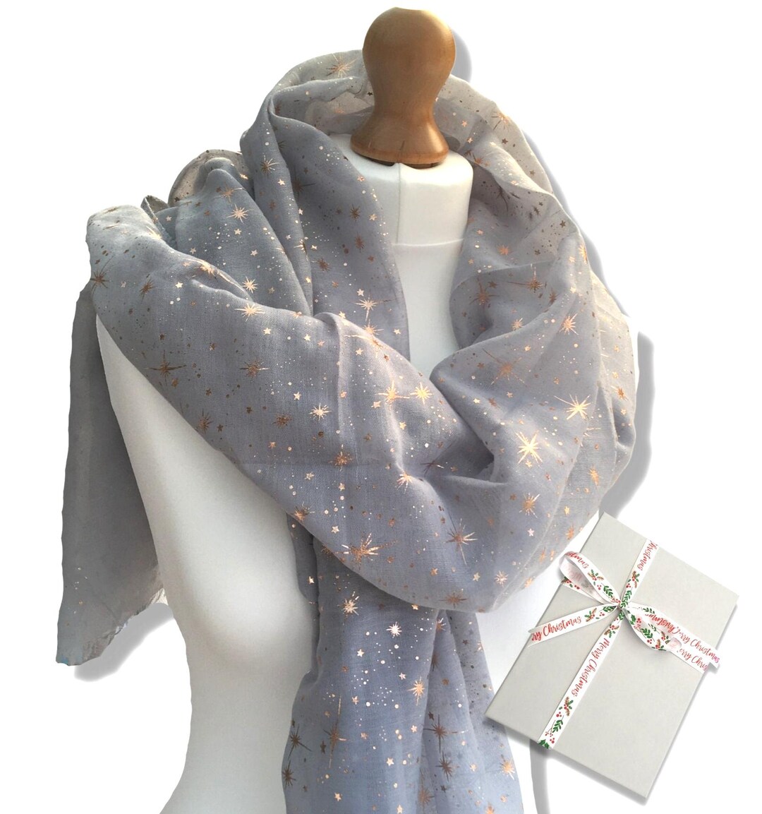 Gift Box Scarf, Light Grey Metallic Star Print Scarf, Light Grey Scarf ...