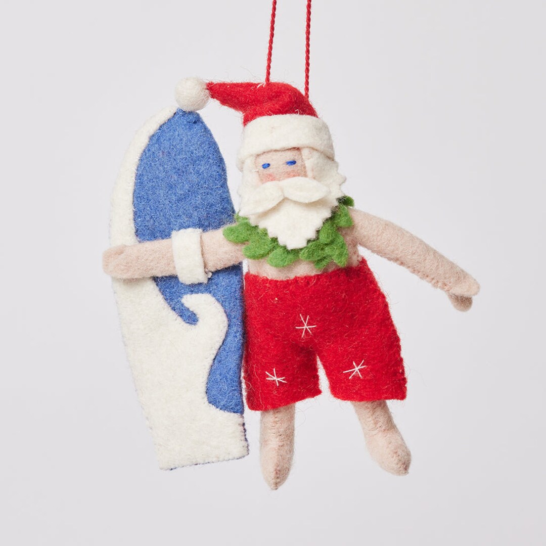 Surf's up Santa Ornament, Hand Felted Saint Nicholas at the Beach ...