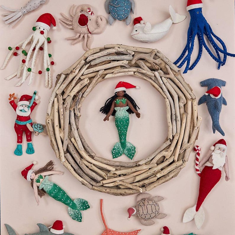 Christmas Mermaid Ornament - Brown, Hand Felted Holiday Siren Charm ...