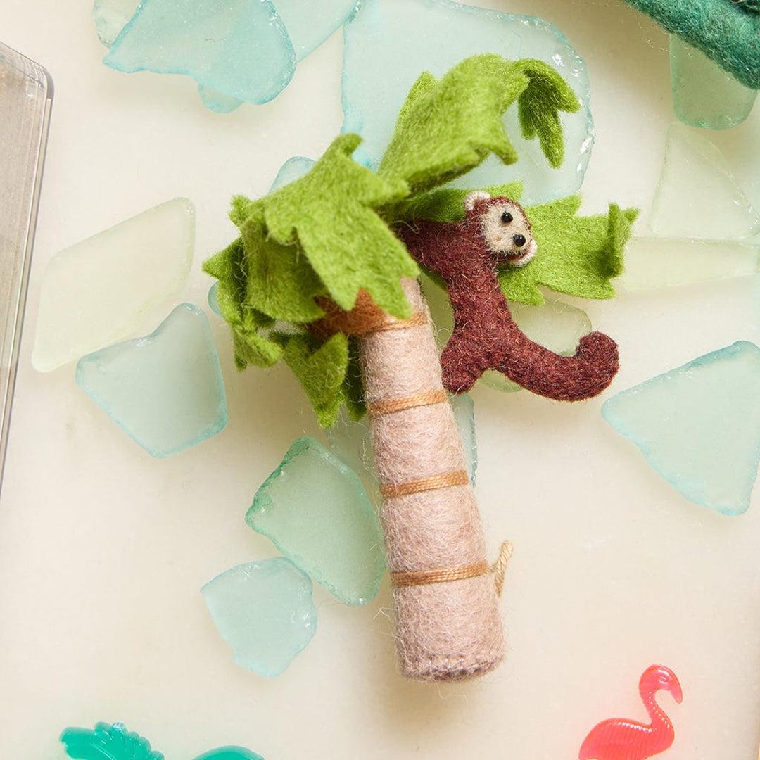 Coconut Palm Tree With Monkey Ornament, Hand Felted Brown Chimp Charm ...