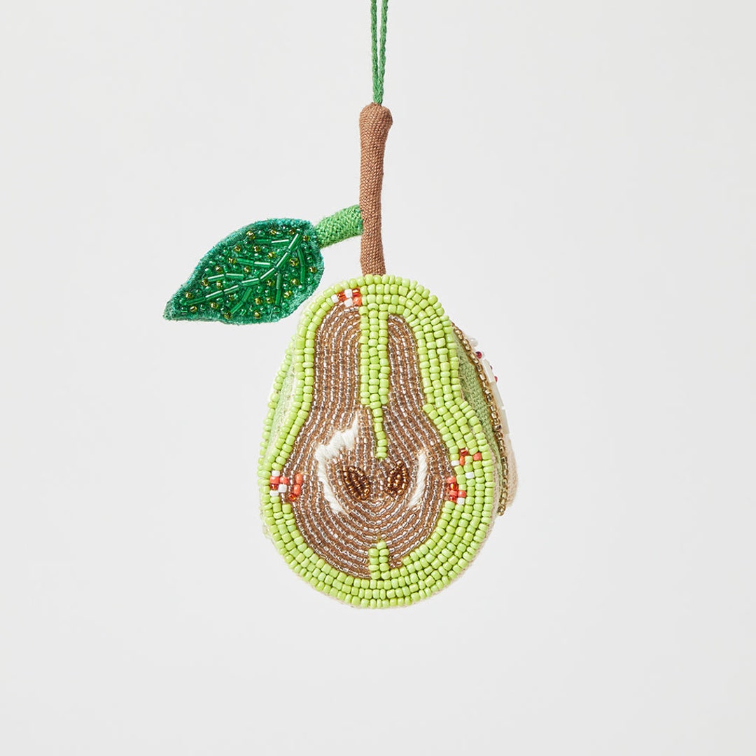 Pear Beaded Ornament, Hand Embroidered Green Fruit, Hand-stitched Linen ...