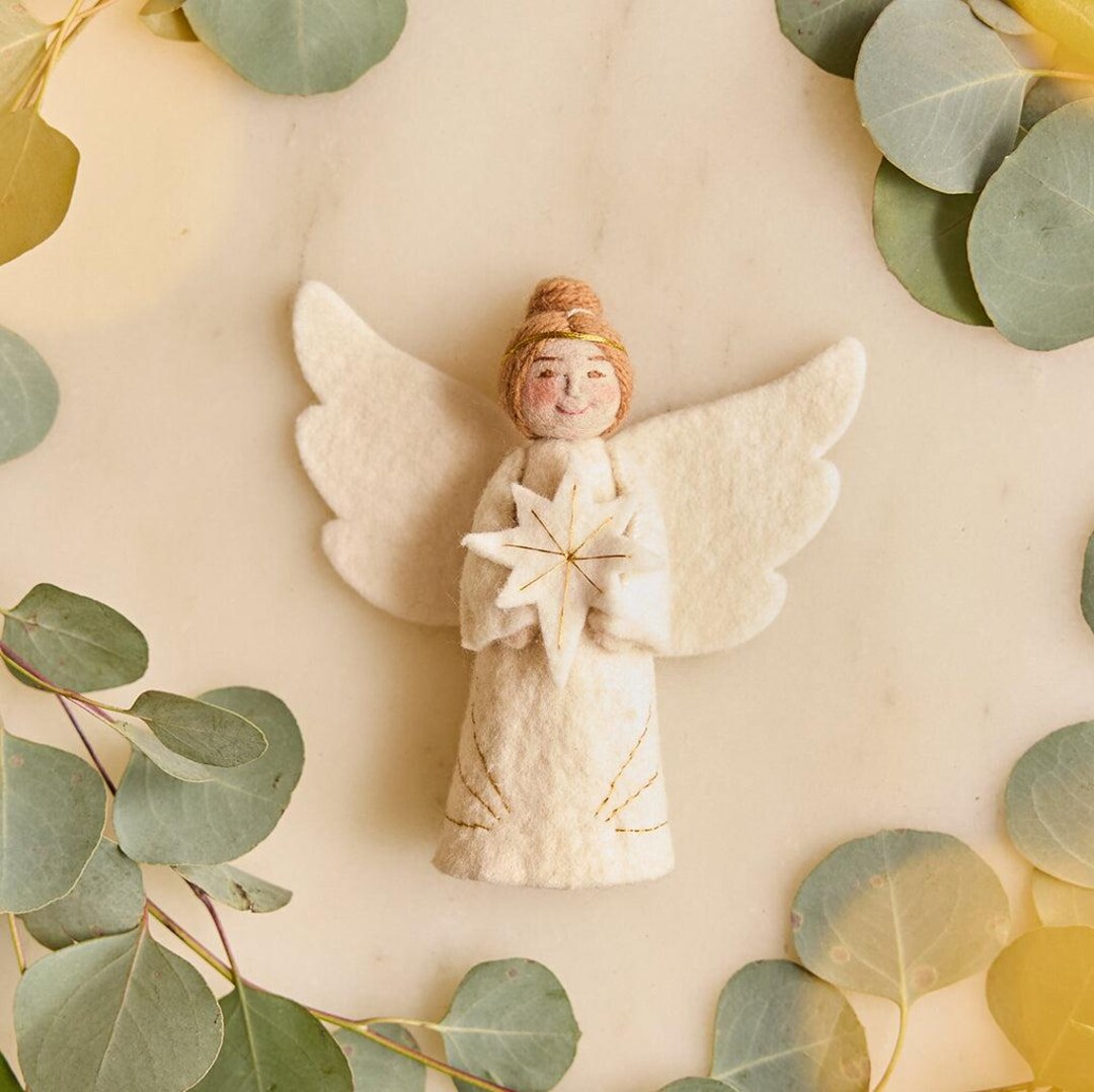 Angel With Star of Bethlehem, Hand Felted White Celestial Holiday Decor ...