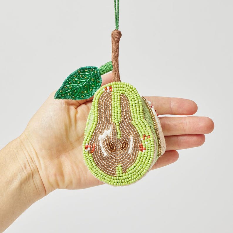 Pear Beaded Ornament, Hand Embroidered Green Fruit, Hand-stitched Linen ...