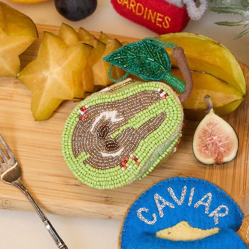 Pear Beaded Ornament, Hand Embroidered Green Fruit, Hand-stitched Linen ...