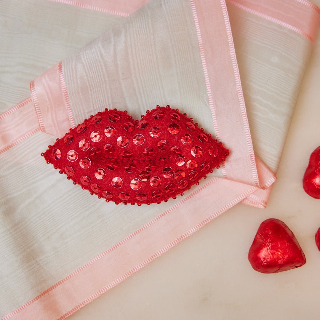 Fancy Lips Ornament, Hand Felted Red Sequin Mouth Charm, Handmade ...