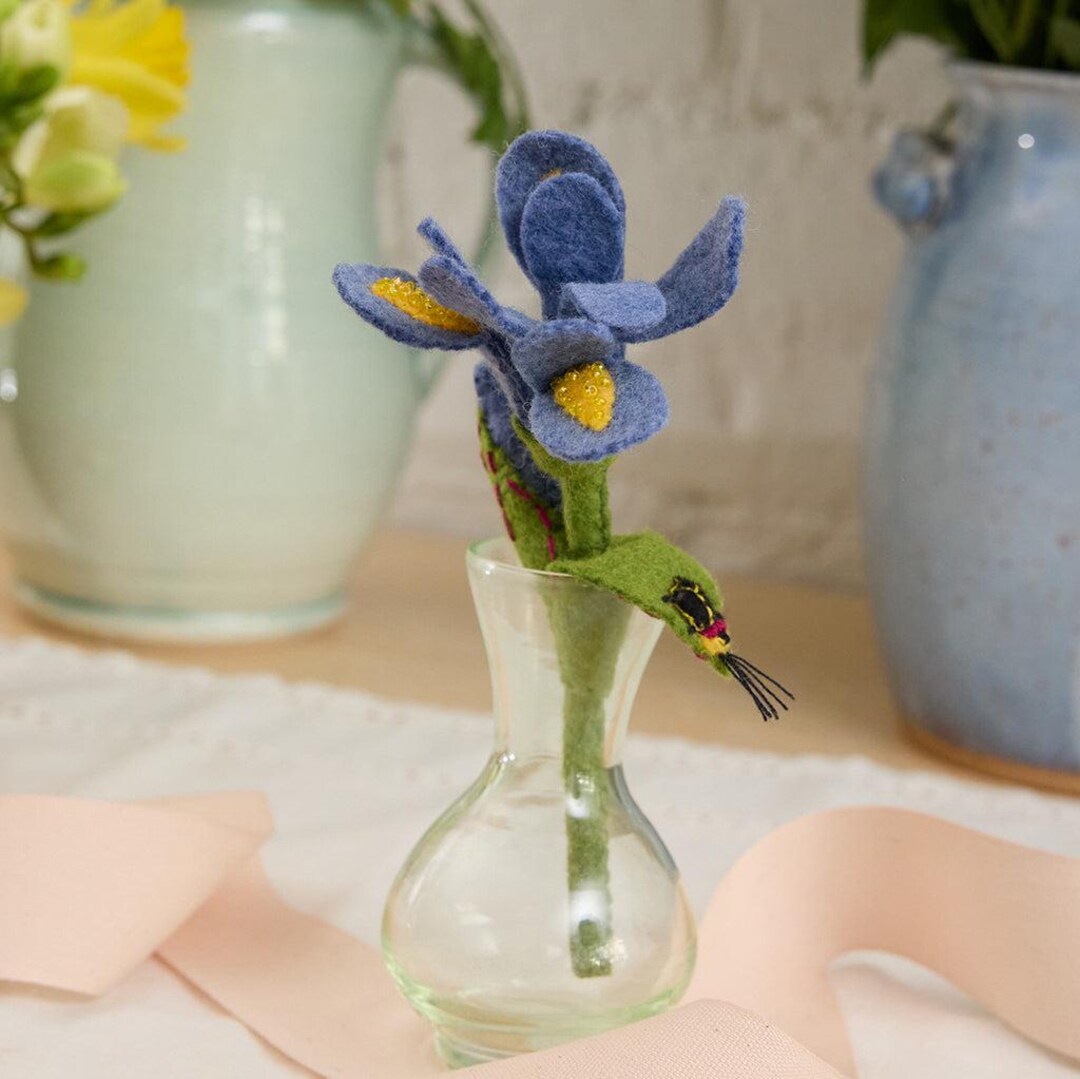 Iris Flower and Firefly With Vase, Hand Felted Purple Flower, Handmade ...