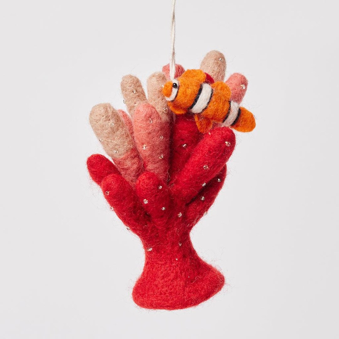 Red Coral With Clownfish Ornament, Hand Felted Ocean Charm, Handmade ...