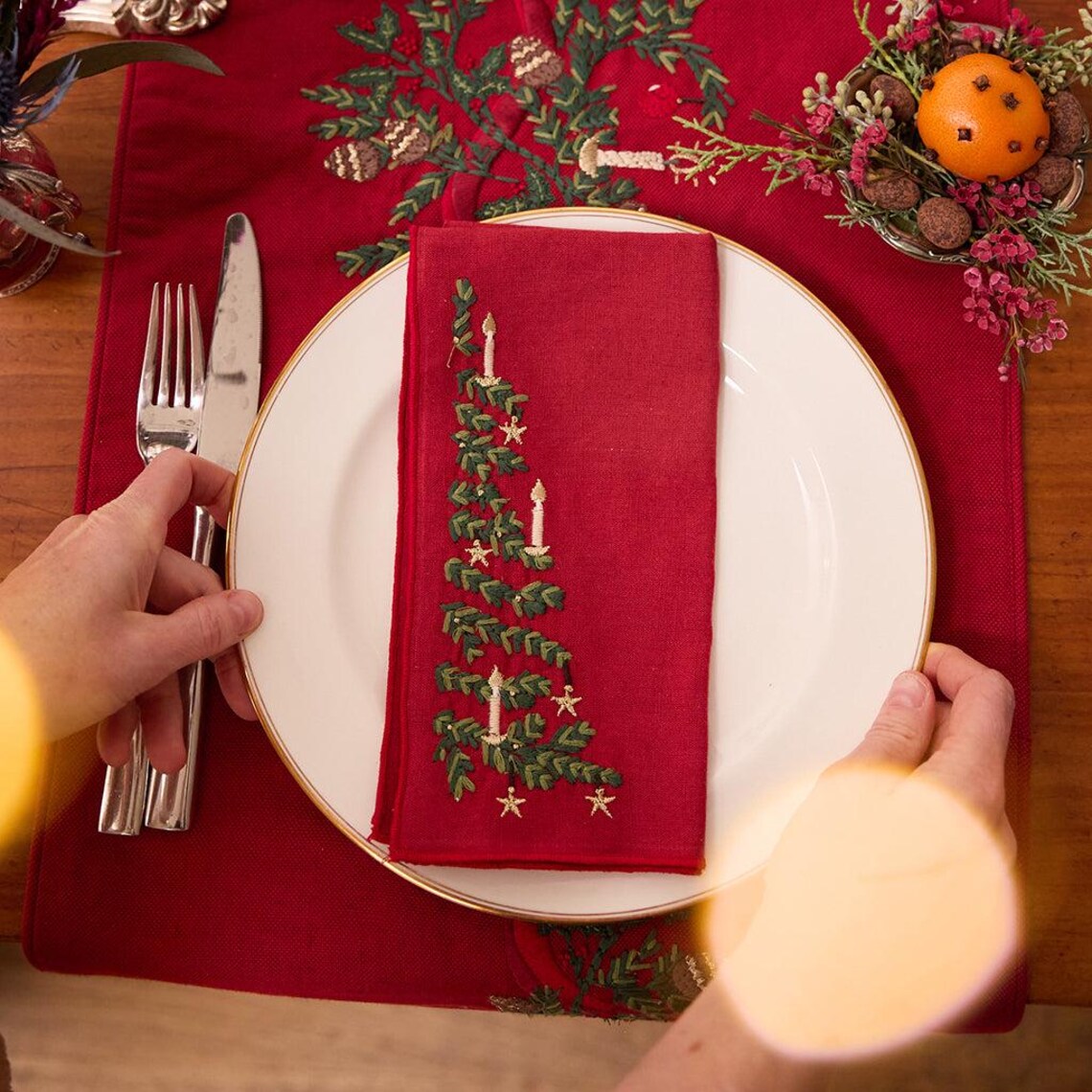 Red & Natural Tree Linen Napkins - Set of 4, Hand Embroidered Cloth ...