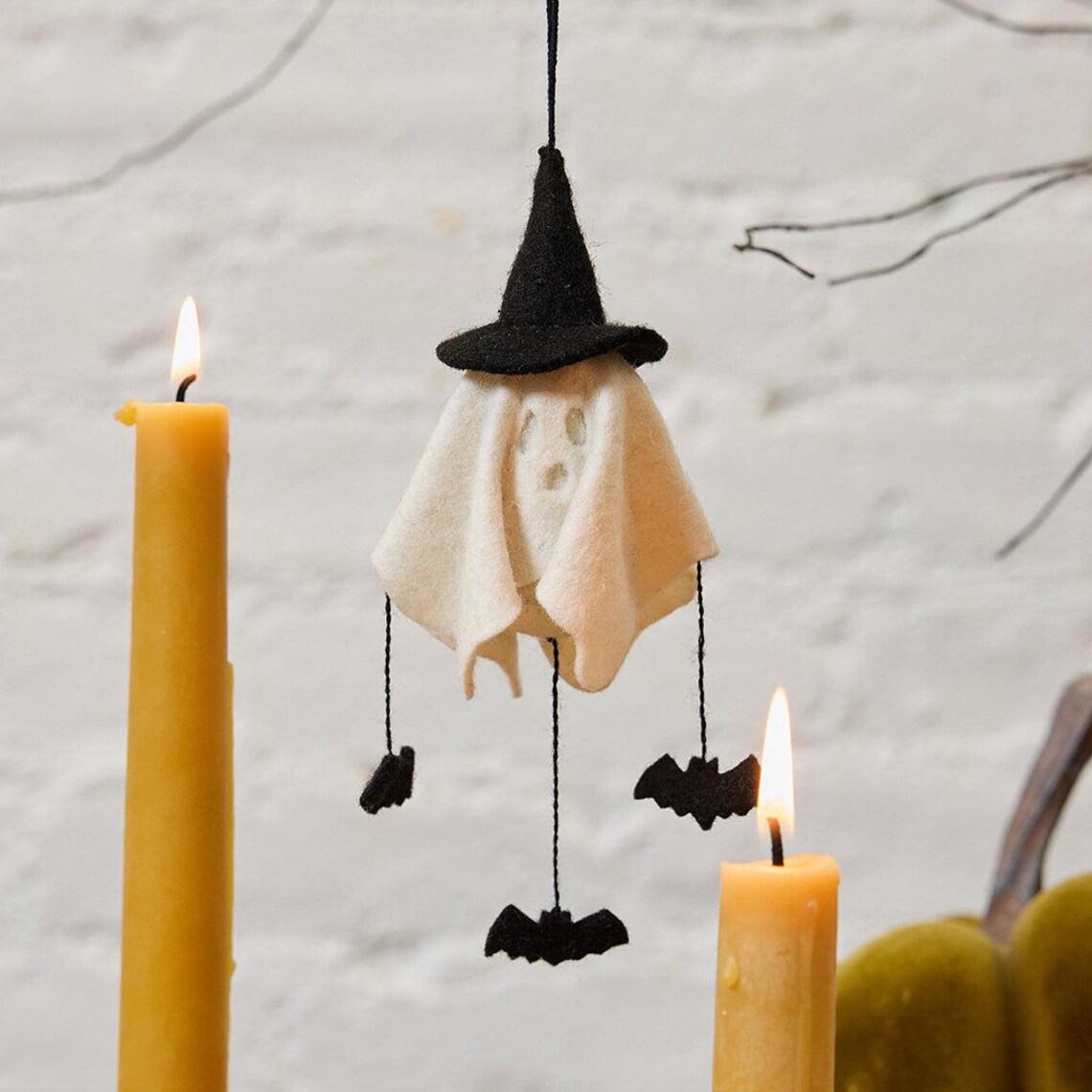 Witch Ghost With Bats Ornament, Hand Felted Spooky Charm, Handmade ...