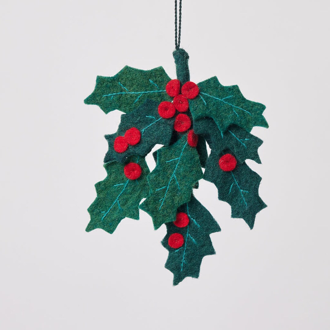 Medium Festive Holly Ornament, Hand Felted Holiday Plant Ornament ...