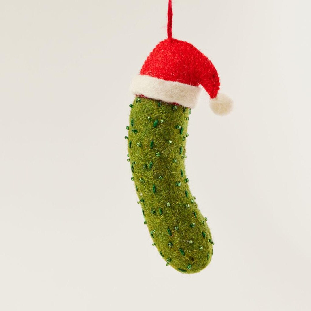 Santa Pickle Ornament, Hand Felted Pickled Cucumber With Red Holiday ...