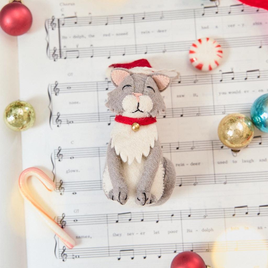 Santa Cat Ornament, Handmade Gray Cat Christmas Ornament With Hat and ...