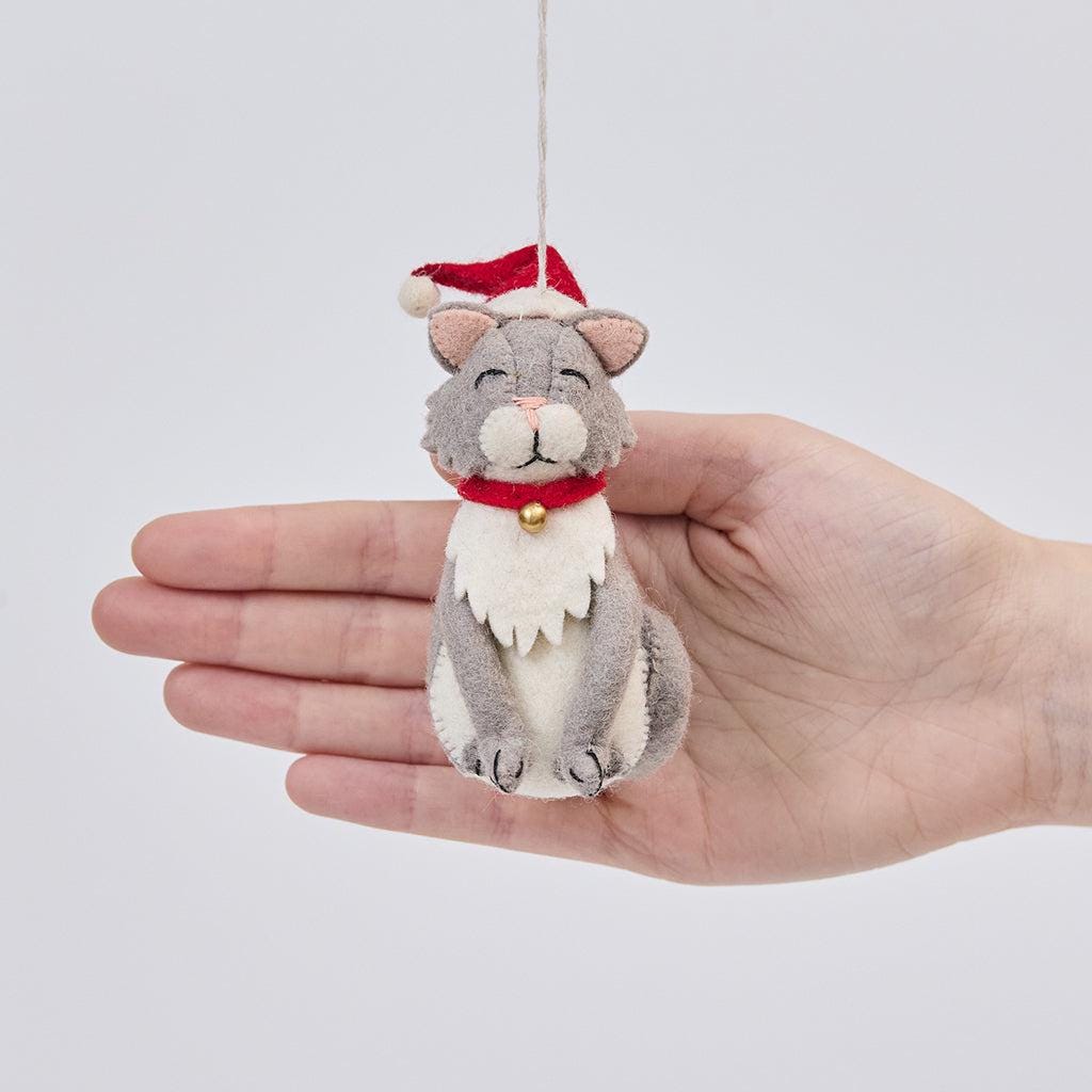 Santa Cat Ornament, Handmade Gray Cat Christmas Ornament With Hat and ...
