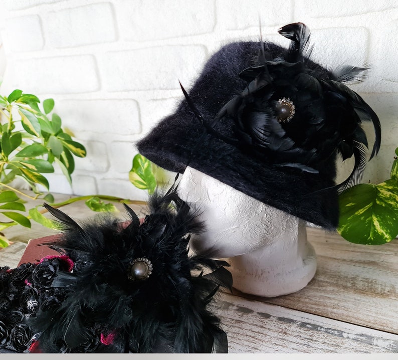 Black Soft Rabbit Yarn Hat With Feathered Flower & Black - Etsy