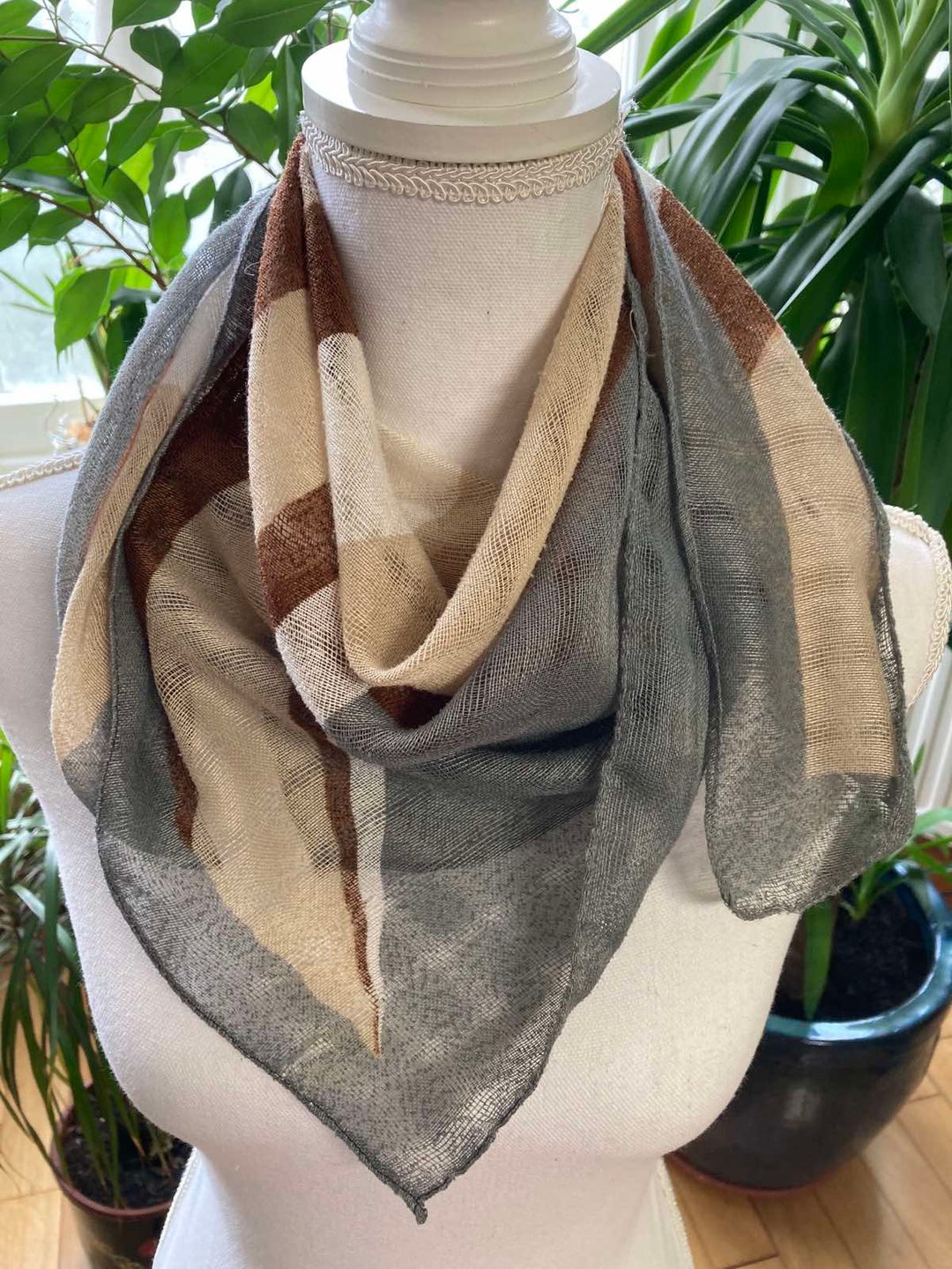 Pale Colors Gray-brown Square Scarf /abstract Pattern Shawl /gift for Her/spring Summer Fall ...