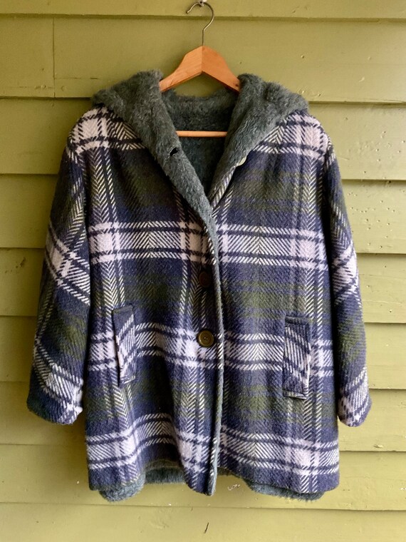 Wonderful 1960s Mod Era Green Plaid Wool Hooded Overc… - Gem