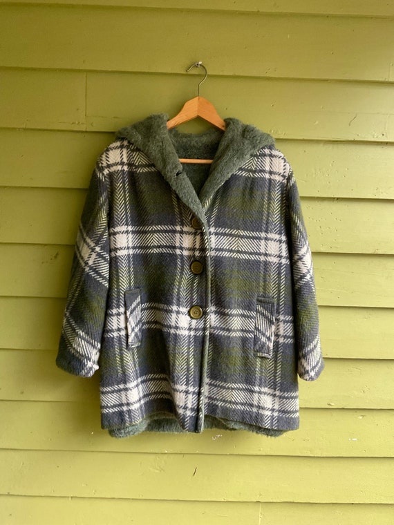 Wonderful 1960s Mod Era Green Plaid Wool Hooded Overc… - Gem
