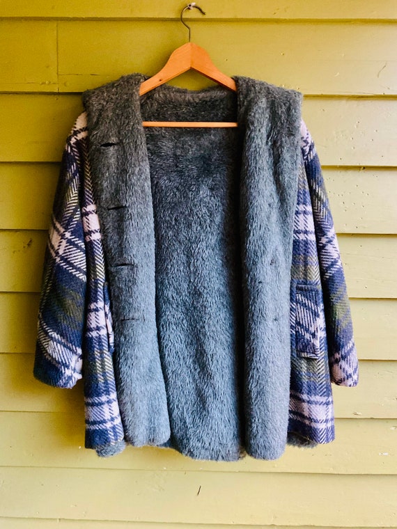 Wonderful 1960s Mod Era Green Plaid Wool Hooded Overc… - Gem