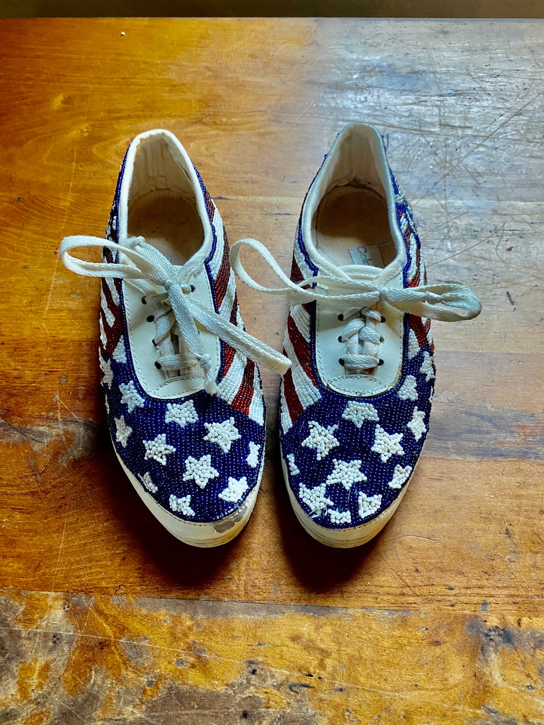 Funky Vintage Colorwerks American Flag Hand Beaded Shoes or Sneakers ...