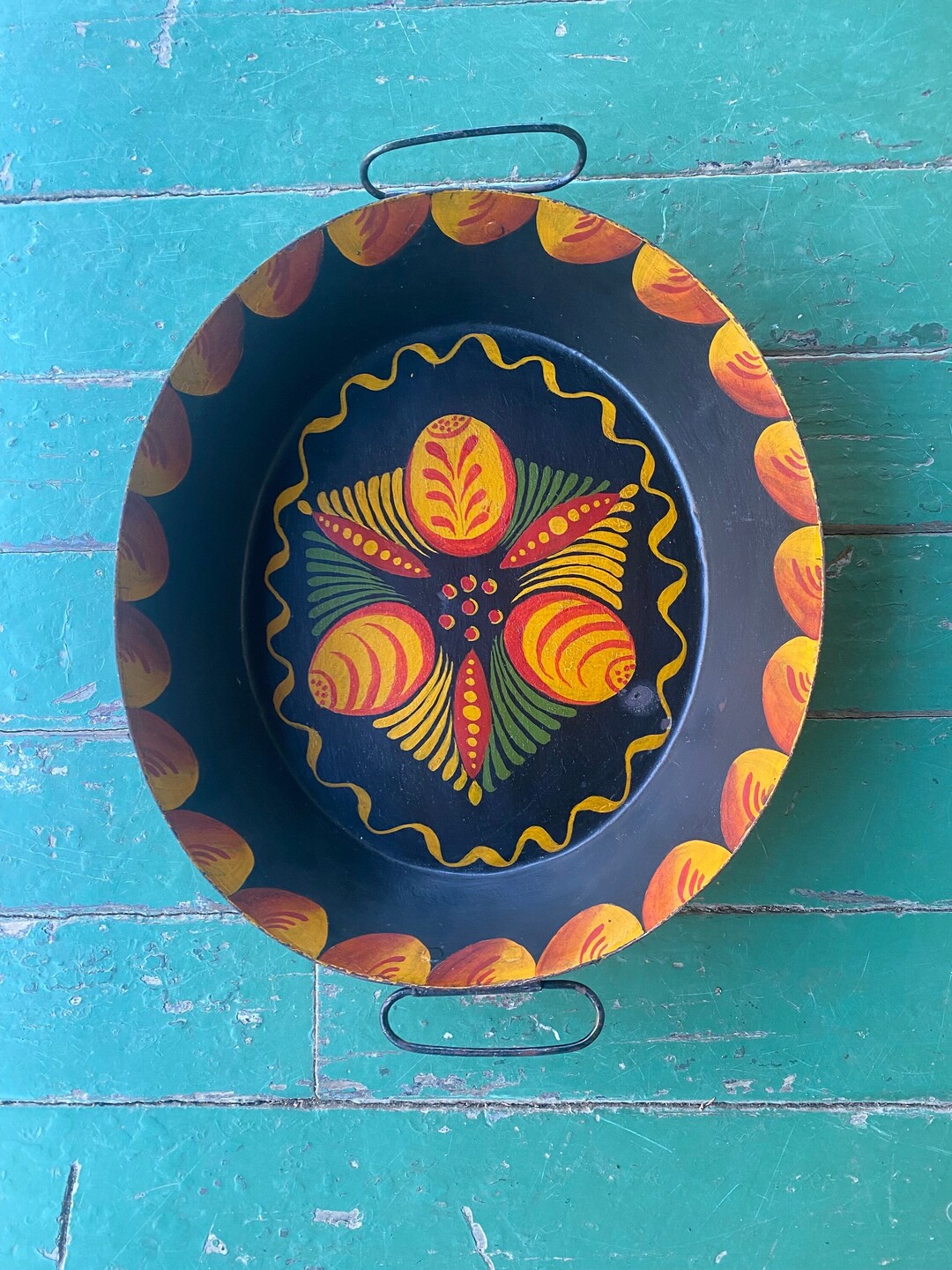 Antique Primitive Folk Art Hand Painted Toleware Tin Basin or Bowl ...