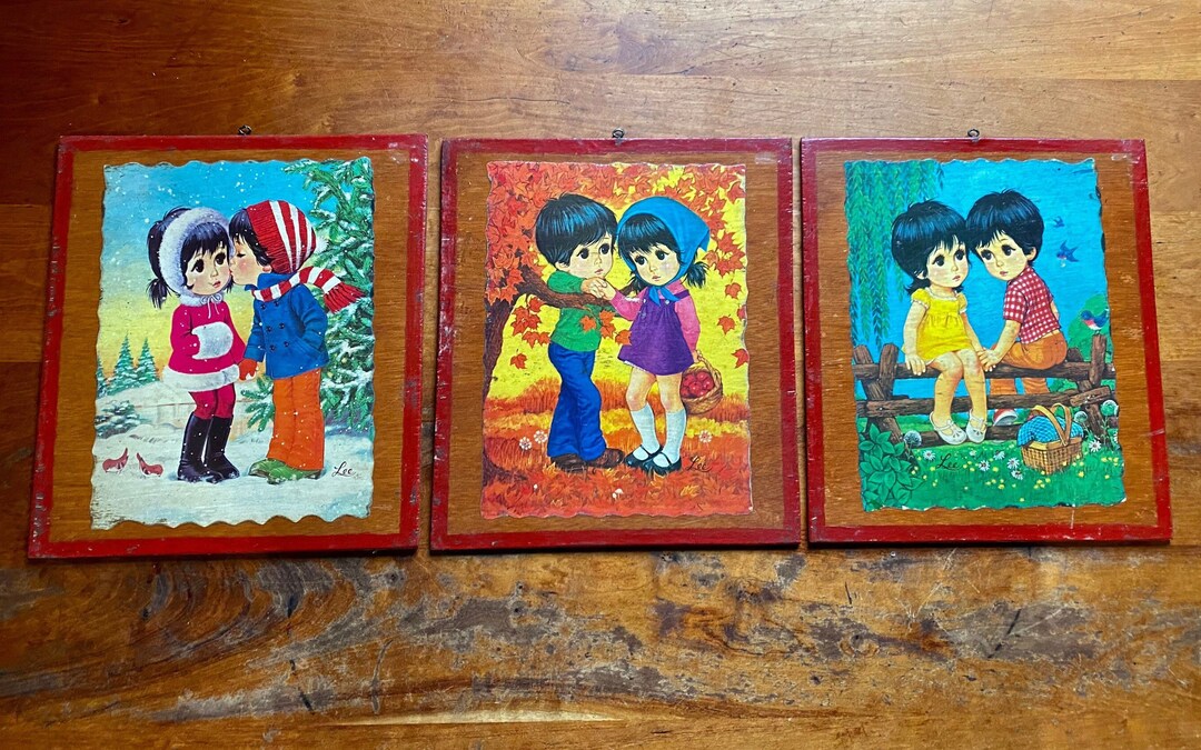 Set of 3 1970s Big Eye Paintings by Lee Prints Decoupaged Onto Painted ...